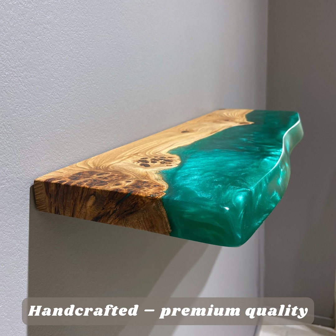 Green Epoxy Resin & Wood Live Edge Shelf – Custom Wooden Floating ...