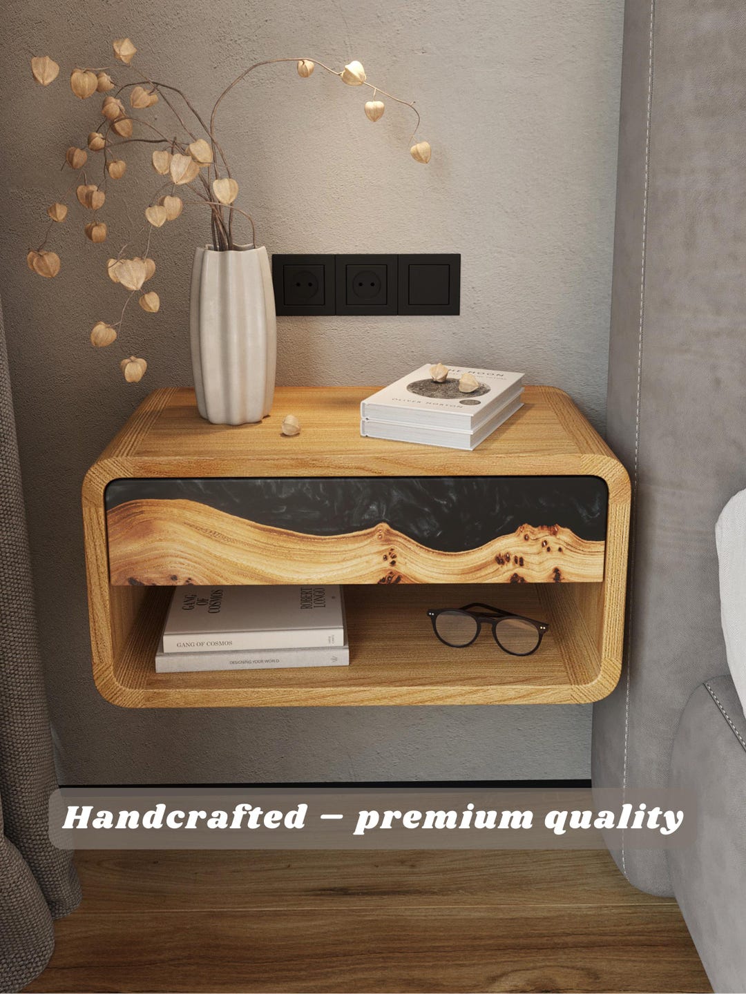 Minimalist Epoxy & Wood Floating Nightstand With Drawer | Modern ...