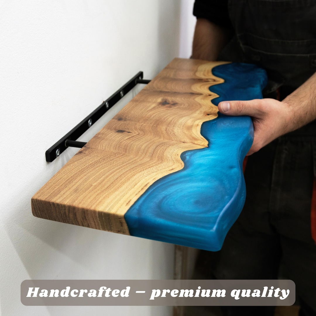 Blue Epoxy & Wood Floating Shelf With Hidden Bracket – Wall Mounted ...