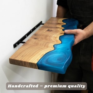Blue Epoxy & Wood Floating Shelf With Hidden Bracket – Wall Mounted ...