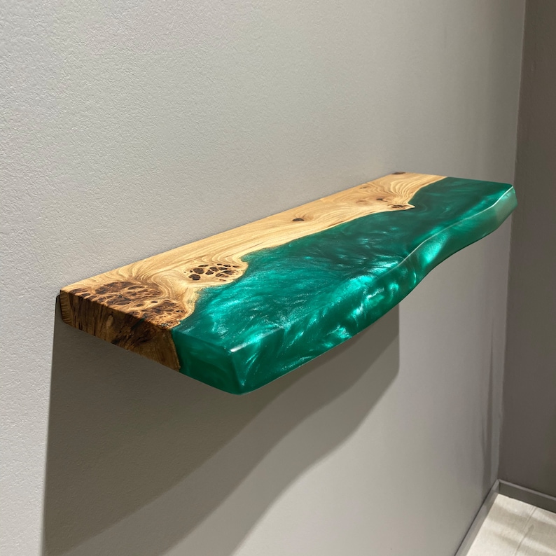 Green Epoxy Resin & Wood Live Edge Shelf Custom Wooden Floating Shelves ...