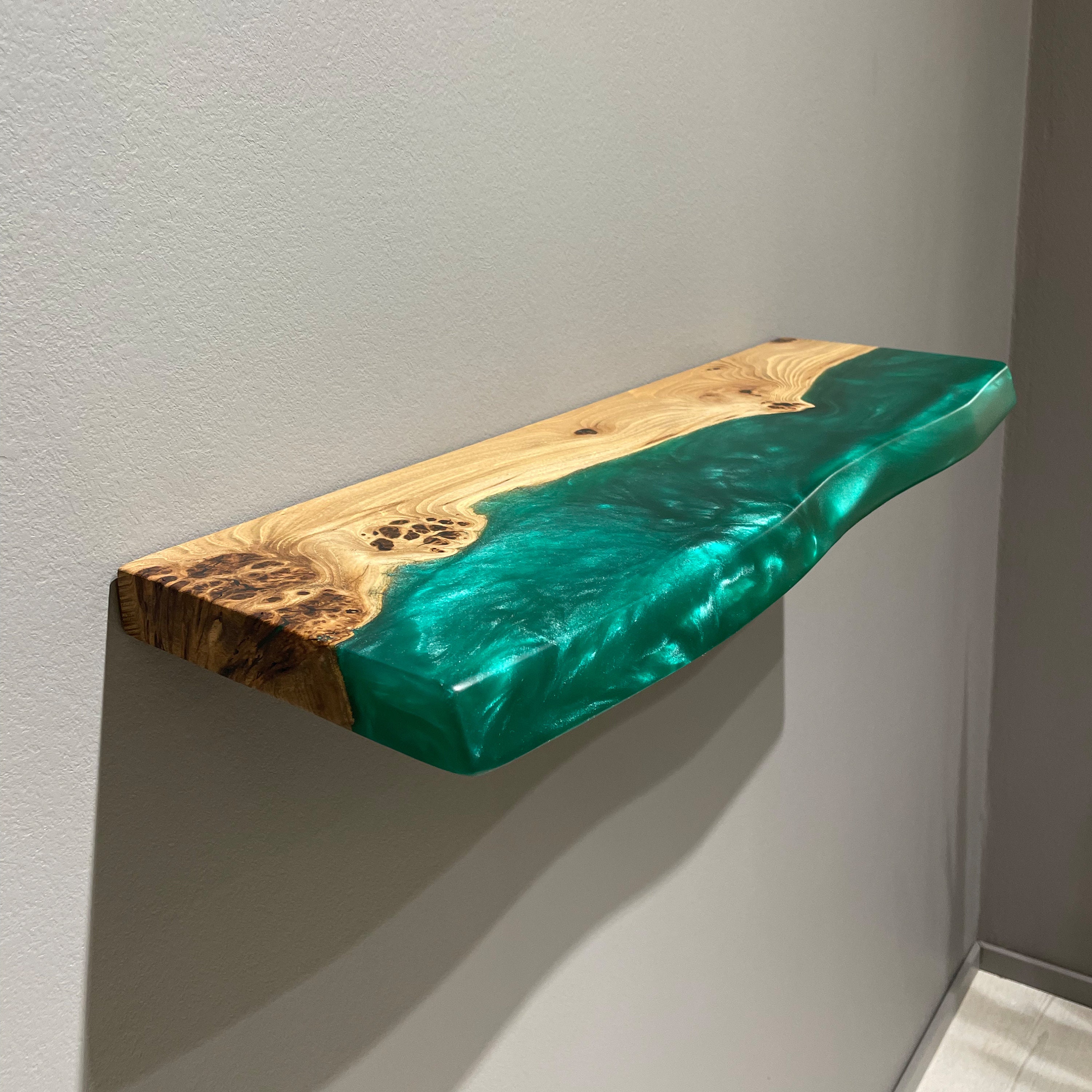 Green Epoxy Resin & Wood Live Edge Shelf Custom Wooden Floating Shelves ...