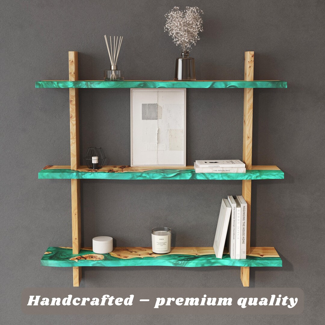 Green Floating Shelf – Live Edge Display Shelves Made of Epoxy and Wood ...