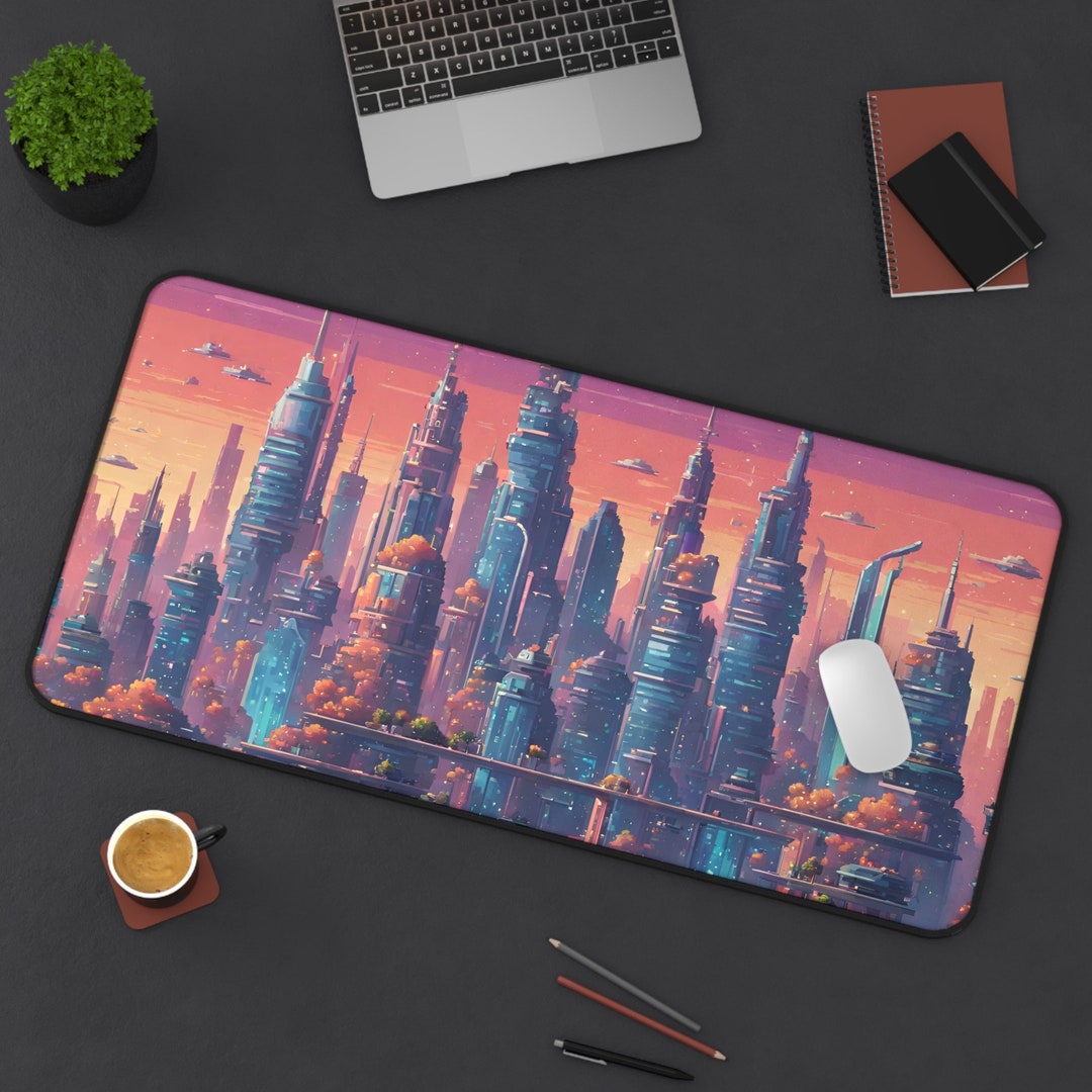 Pixel Like Futuristic City Desk Mat Long Desk Mats, Aesthetic Gaming ...
