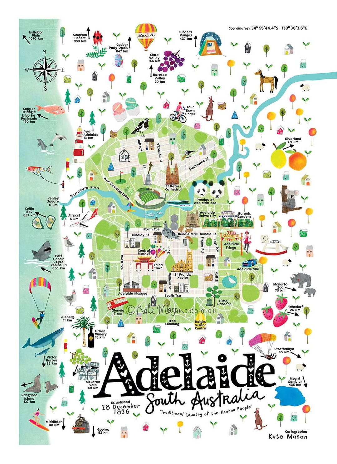 Adelaide South Australia City Map TEA TOWEL Aussie Capital City ...