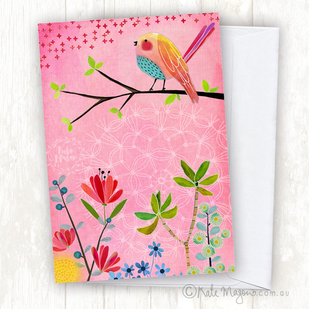Pink Bird Floral GREETING CARD - Etsy