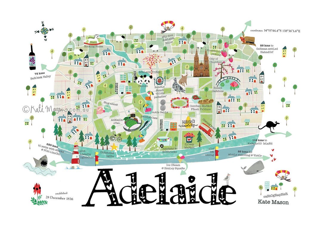 Adelaide South Australia City Map TEA TOWEL Aussie Capital City ...