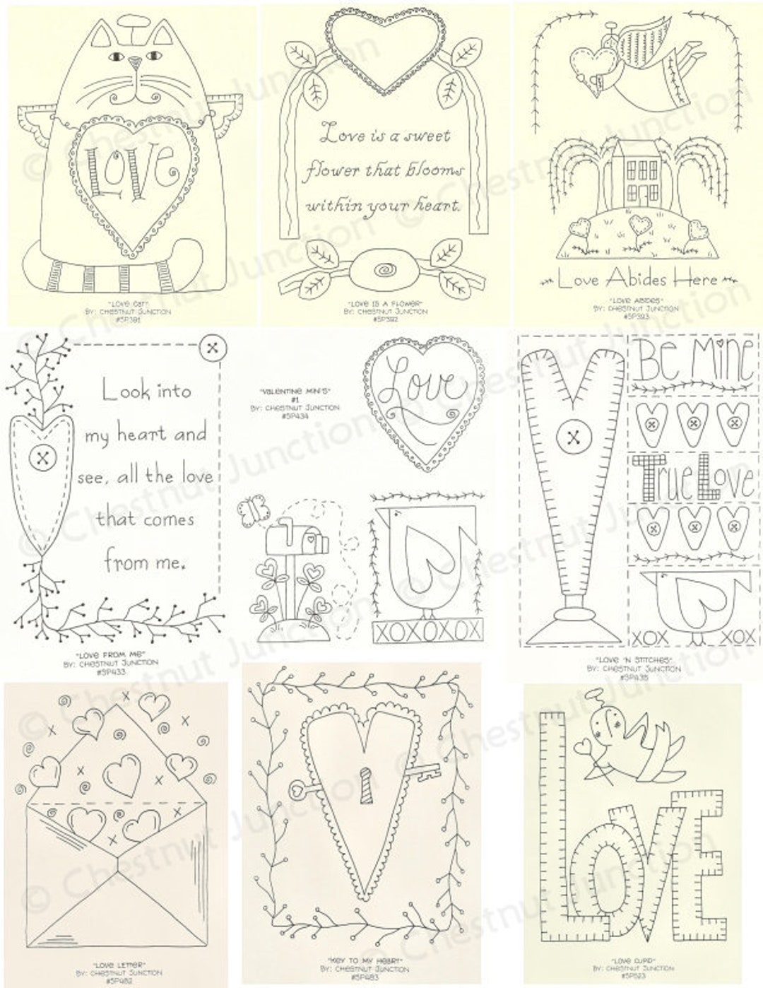 Valentine #3 Embroidery Bundle...9 Primitive Stitchery Epattern Designs ...