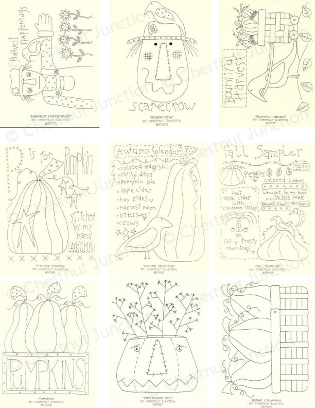 Autumn #1 Embroidery Bundle...9 Primitive Stitchery Epattern Designs ...