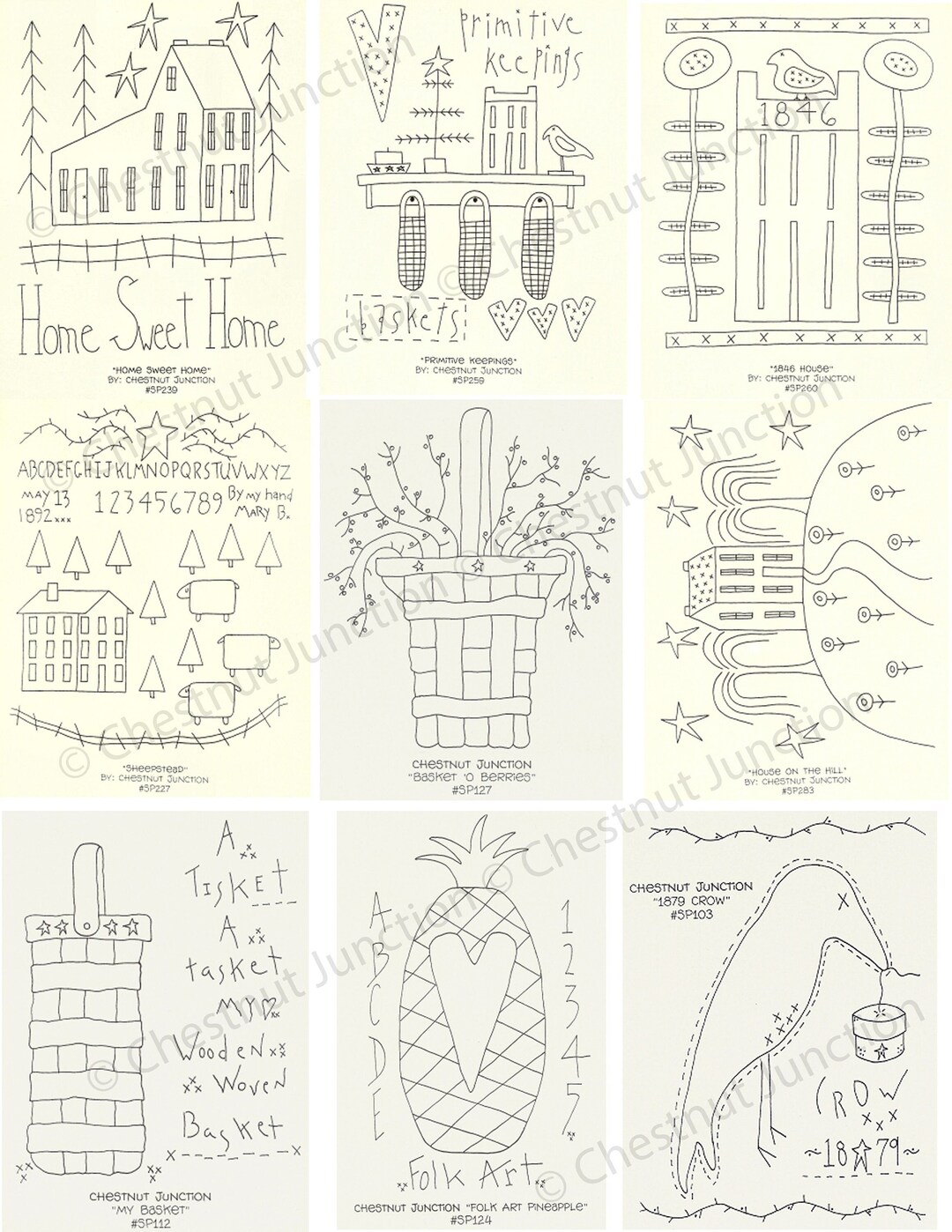 PRIMITIVE #5 Embroidery Bundle...9 Primitive Stitchery Epattern Designs ...