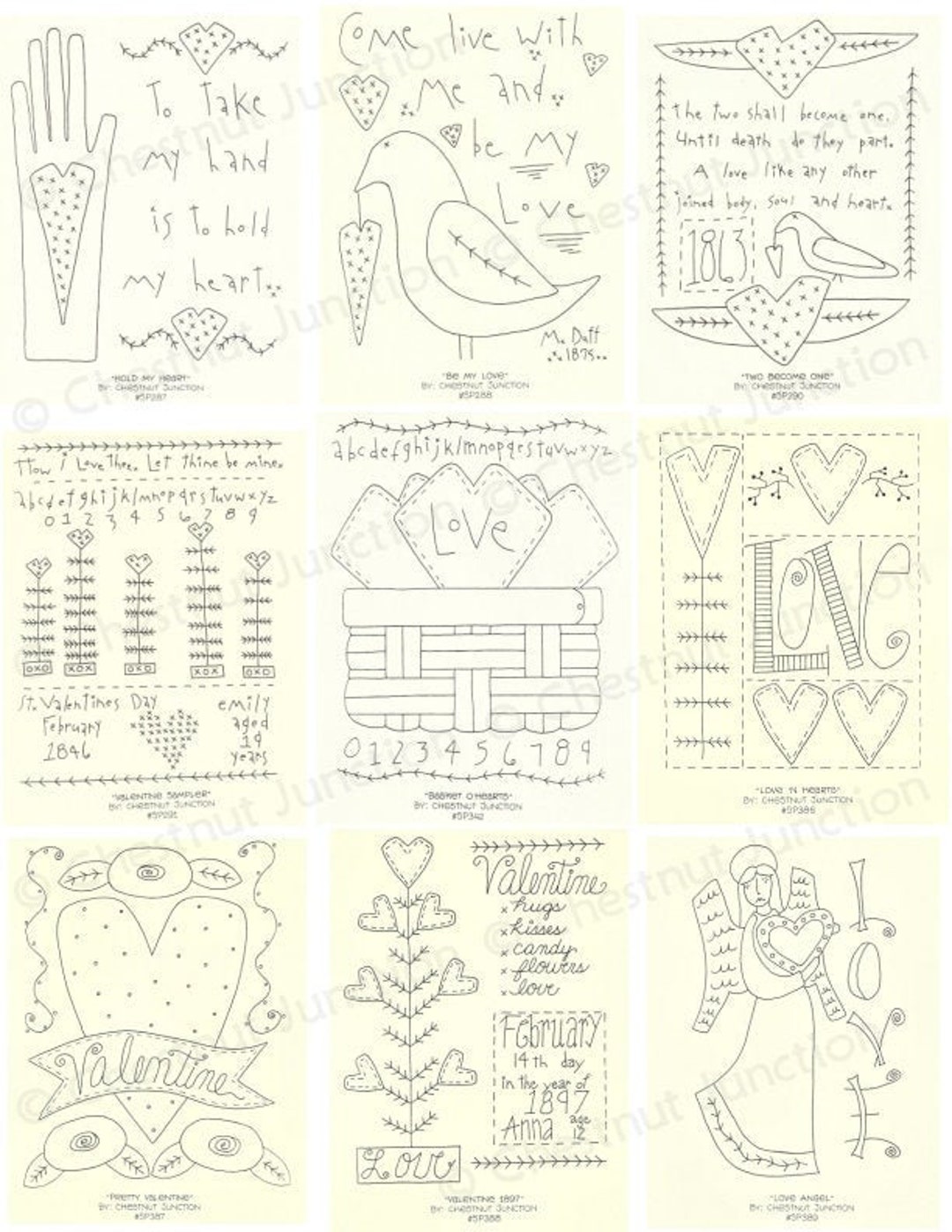 Valentine #2 Embroidery Bundle...9 Primitive Stitchery Epattern Designs ...