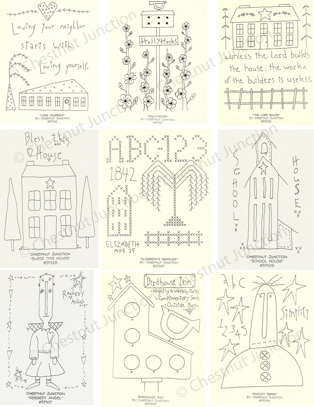 PRIMITIVE #1 Embroidery Bundle...9 Primitive Stitchery Epattern Designs ...