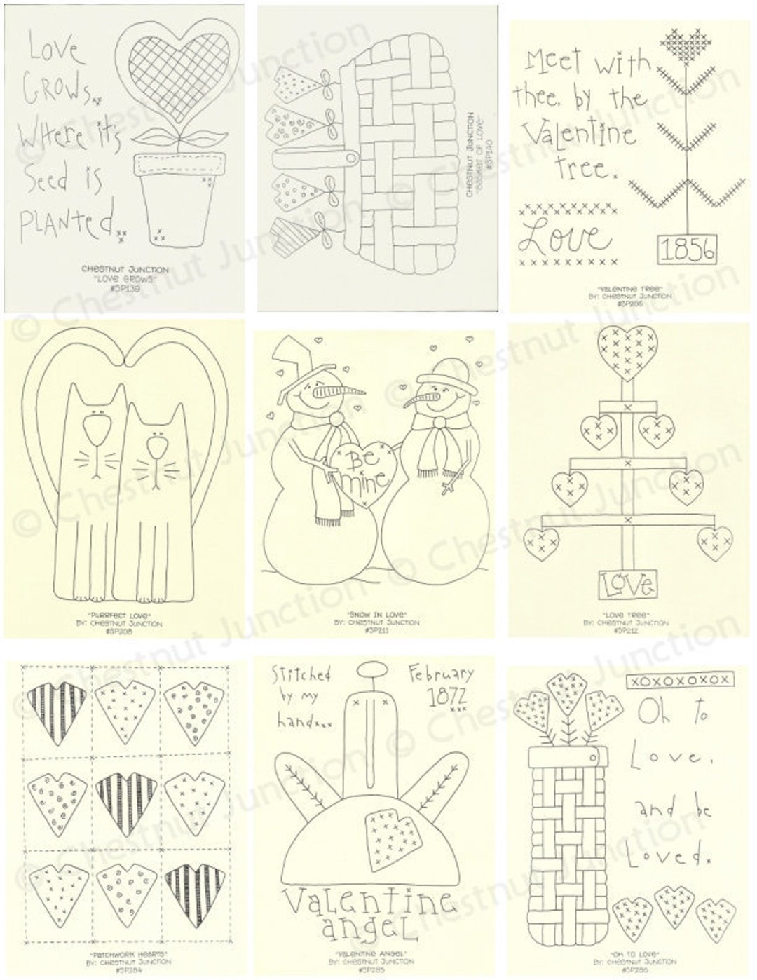 Valentine #1 Embroidery Bundle...9 Primitive Stitchery Epattern Designs ...