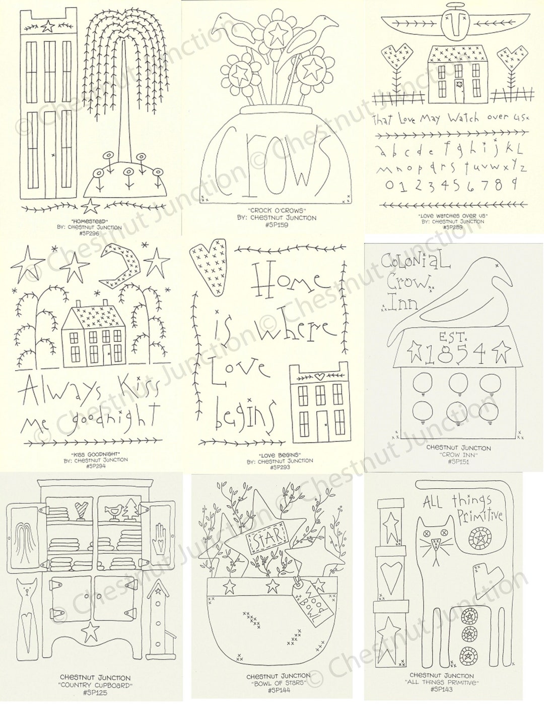 PRIMITIVE #6 Embroidery Bundle...9 Primitive Stitchery Epattern Designs ...