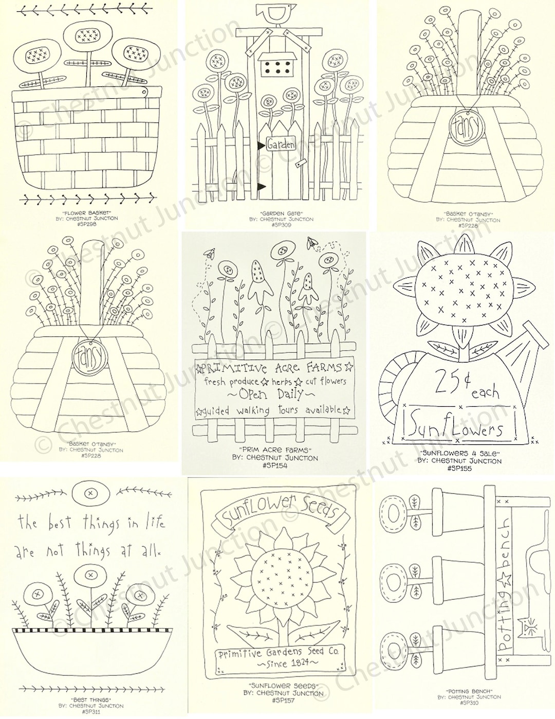 GARDEN #1 Embroidery Bundle...9 Primitive Stitchery Epattern Designs ...