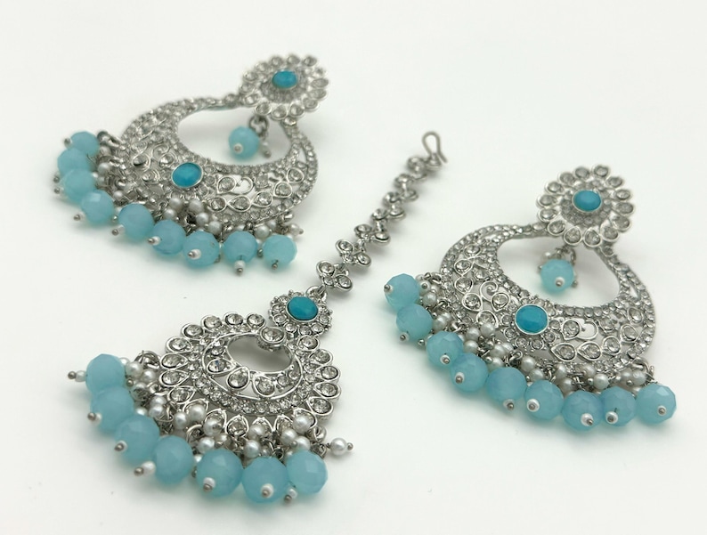 Light Blue Indian Earrings Tikka Set – Wedding Jewelry - Etsy