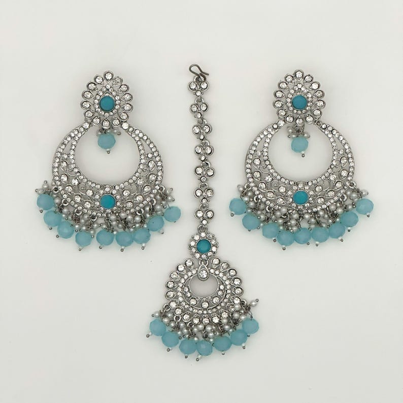 Light Blue Indian Earrings Tikka Set – Wedding Jewelry - Etsy