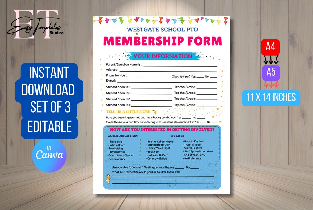 Editable PTO PTA Membership Form: School Volunteer Sign up (CANVA ...