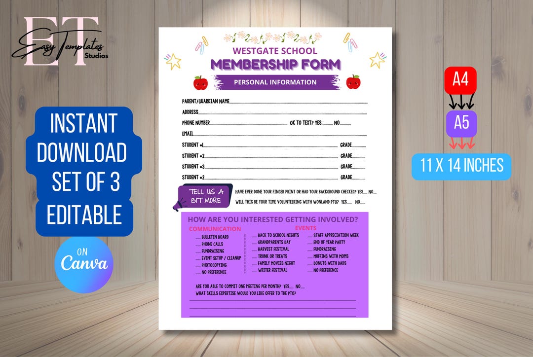 Editable PTO PTA Membership Form: School Volunteer Sign up (CANVA ...