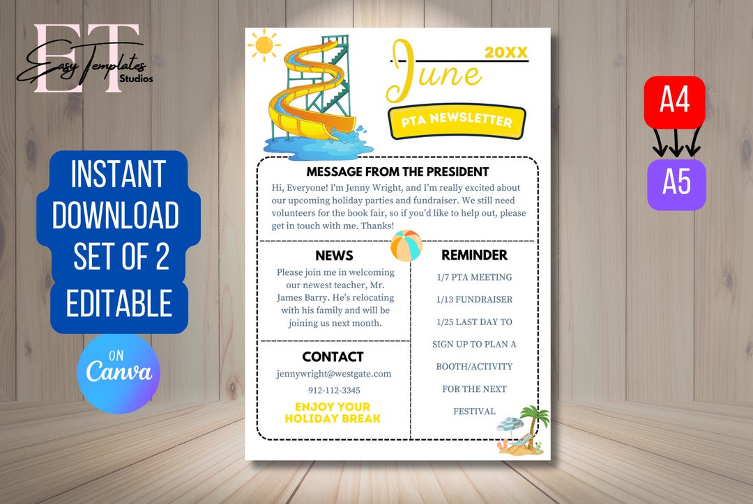 June Newsletter Template: Editable School PTA/PTO News (A4/A5) (digital ...