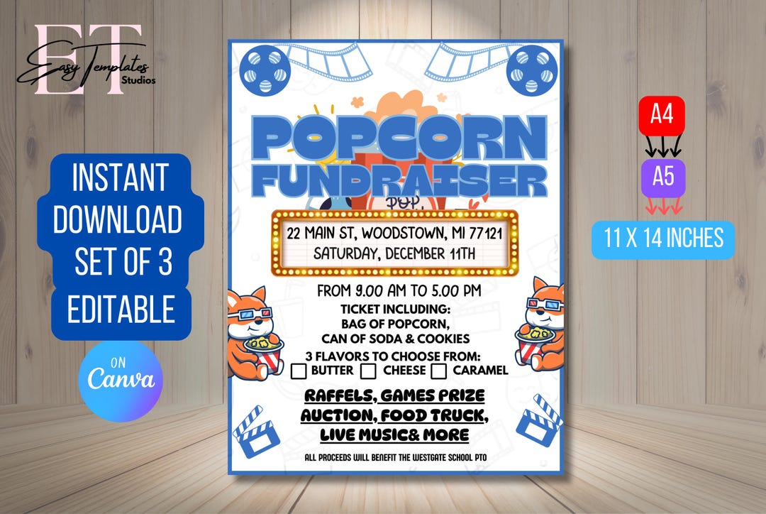 Download and Edit Popcorn Fundraiser Flyer, PTO School Benefit Event ...