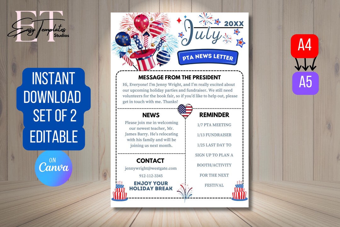 July Newsletter Template: PTO PTA School News (A4/A5) (digital Download ...