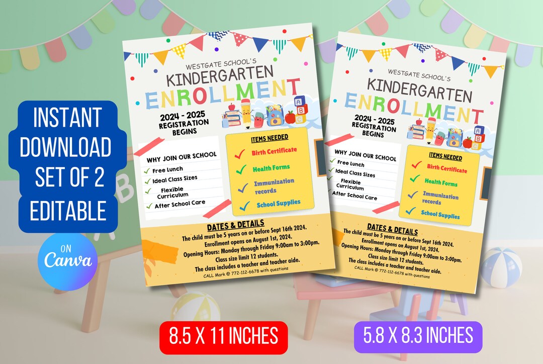Kindergarten Enrollment Flyer Template: Printable School PTO Invite ...