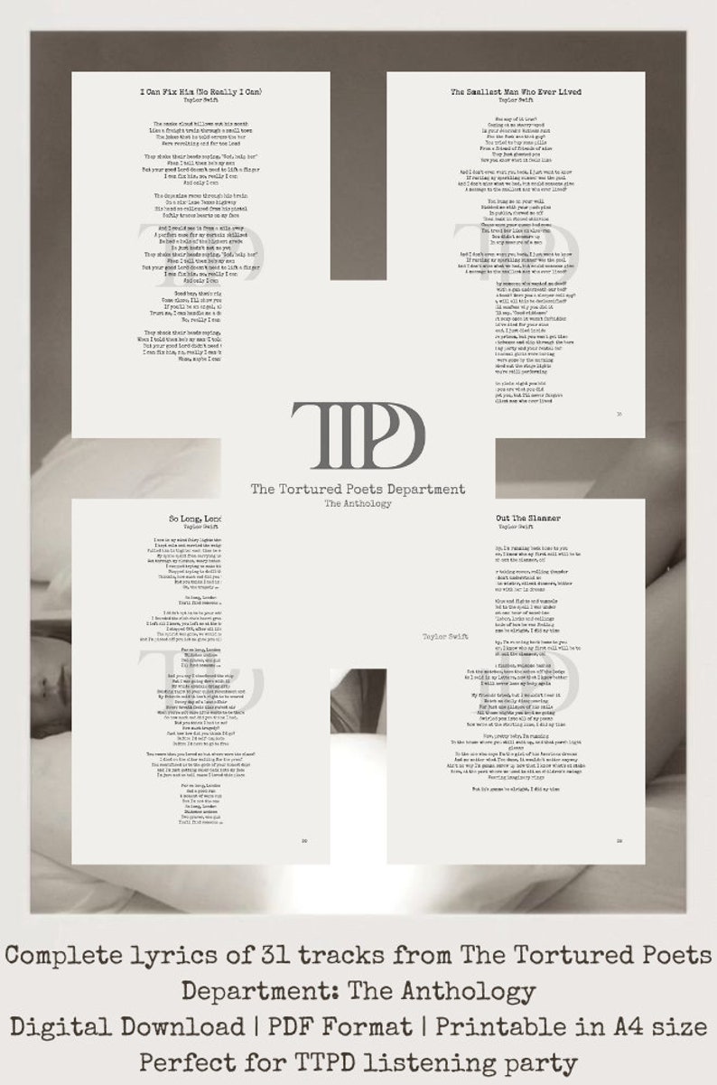 Taylor Swift TTPD the Anthology Album Complete Lyrics of 31 Tracks Digital Download PDF Format ...