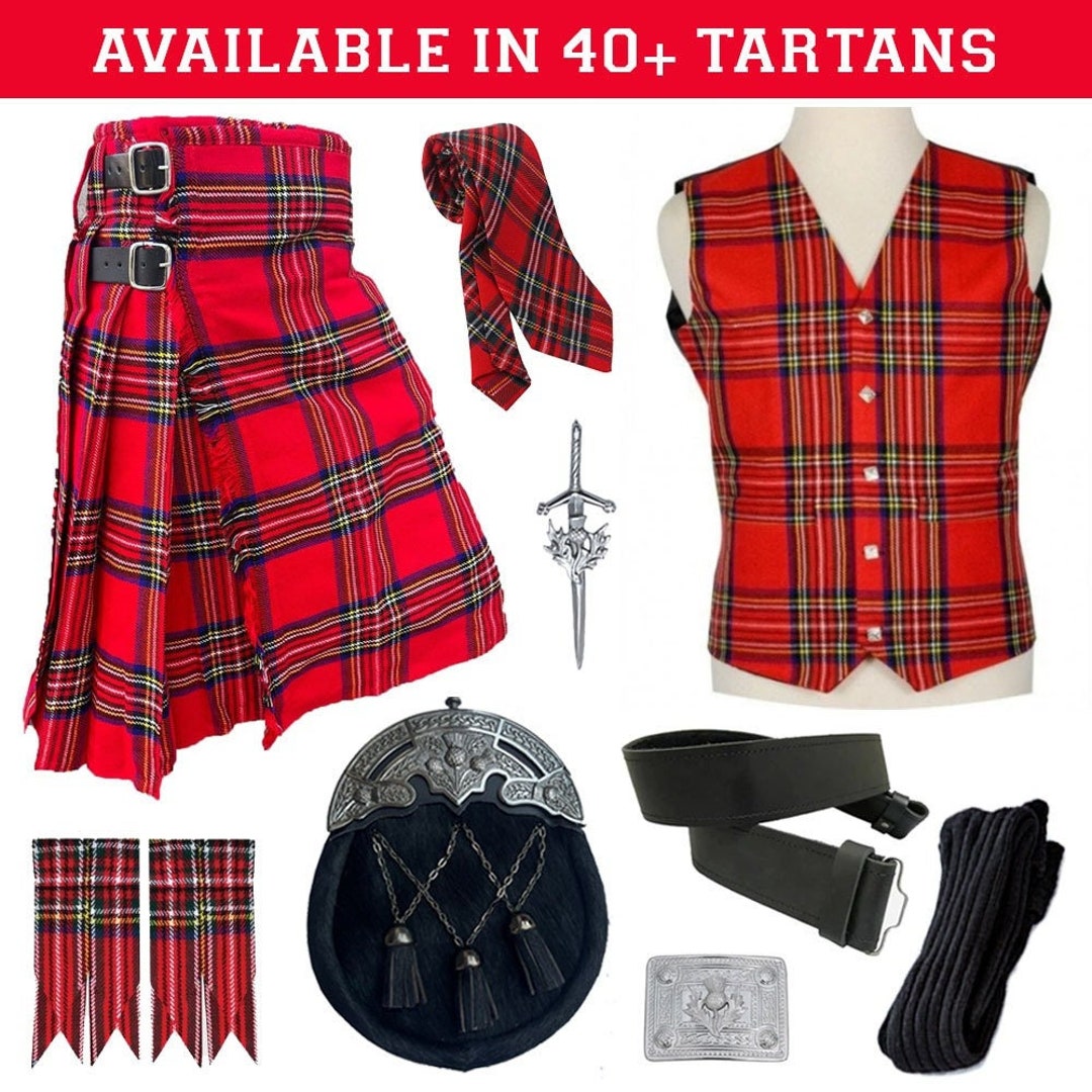 9 PCS Scottish Kilt Set Highland Traditional Vintage Kilt & Vest Outfit ...