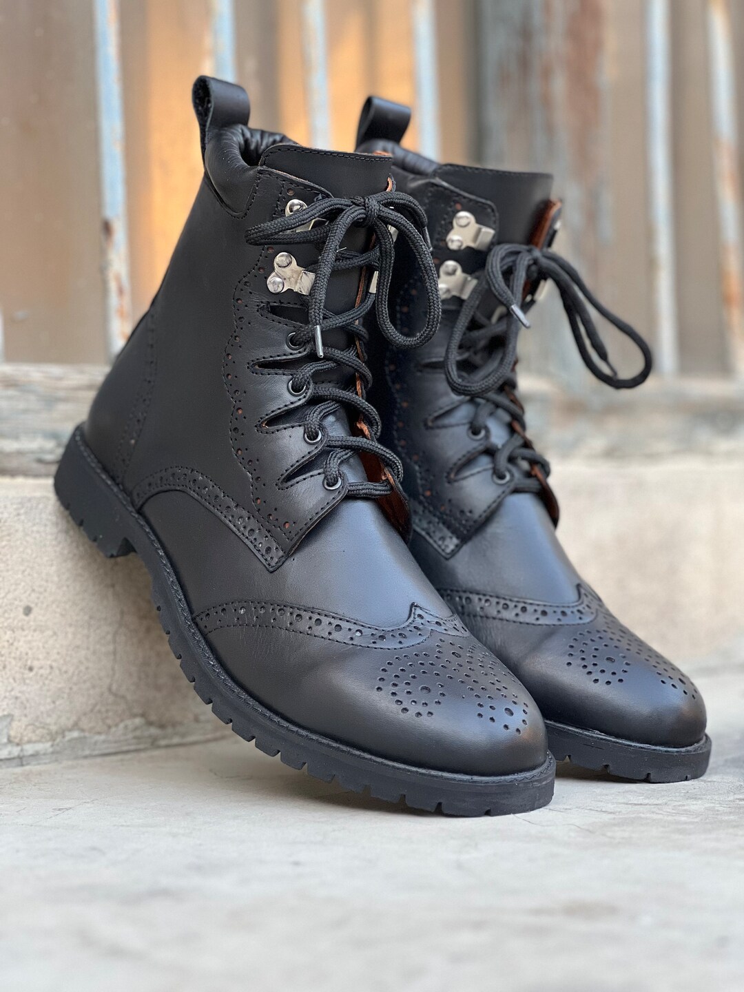 Scottish Black Leather Kilt Boot Handmade Ghillie Brogues Kilt Boots in Rubber & Leather Sole - Etsy