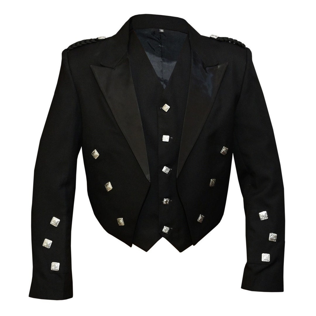 Black Prince Charlie Jacket With 3 Button Vest Scottish Highland ...
