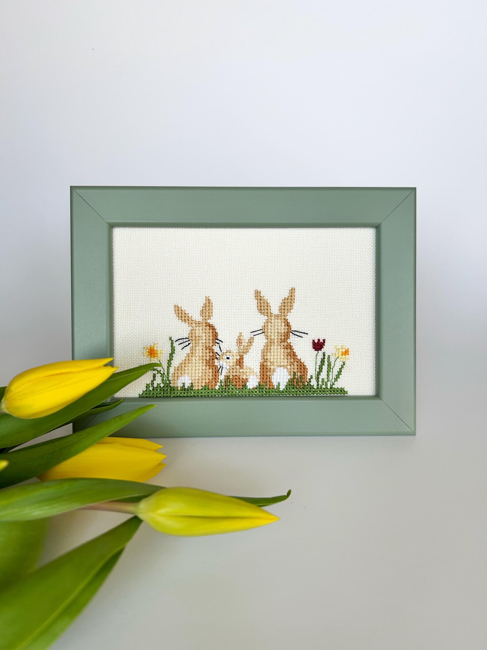 Cross-stitch Rabbit Family Embroidery: Framed Easter Wall Art - Etsy