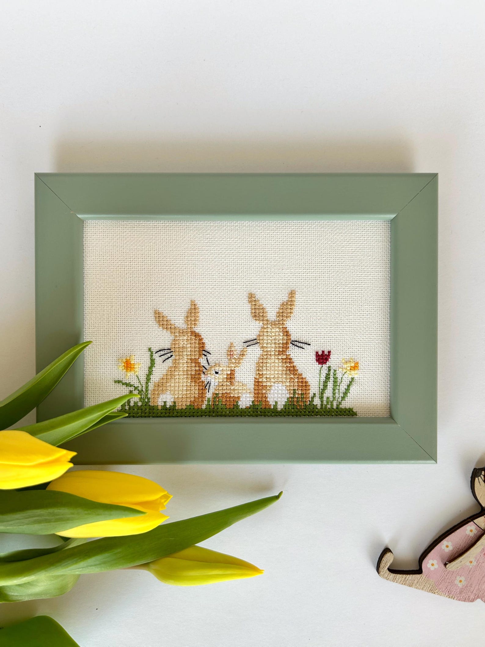Cross-stitch Rabbit Family Embroidery: Framed Easter Wall Art - Etsy