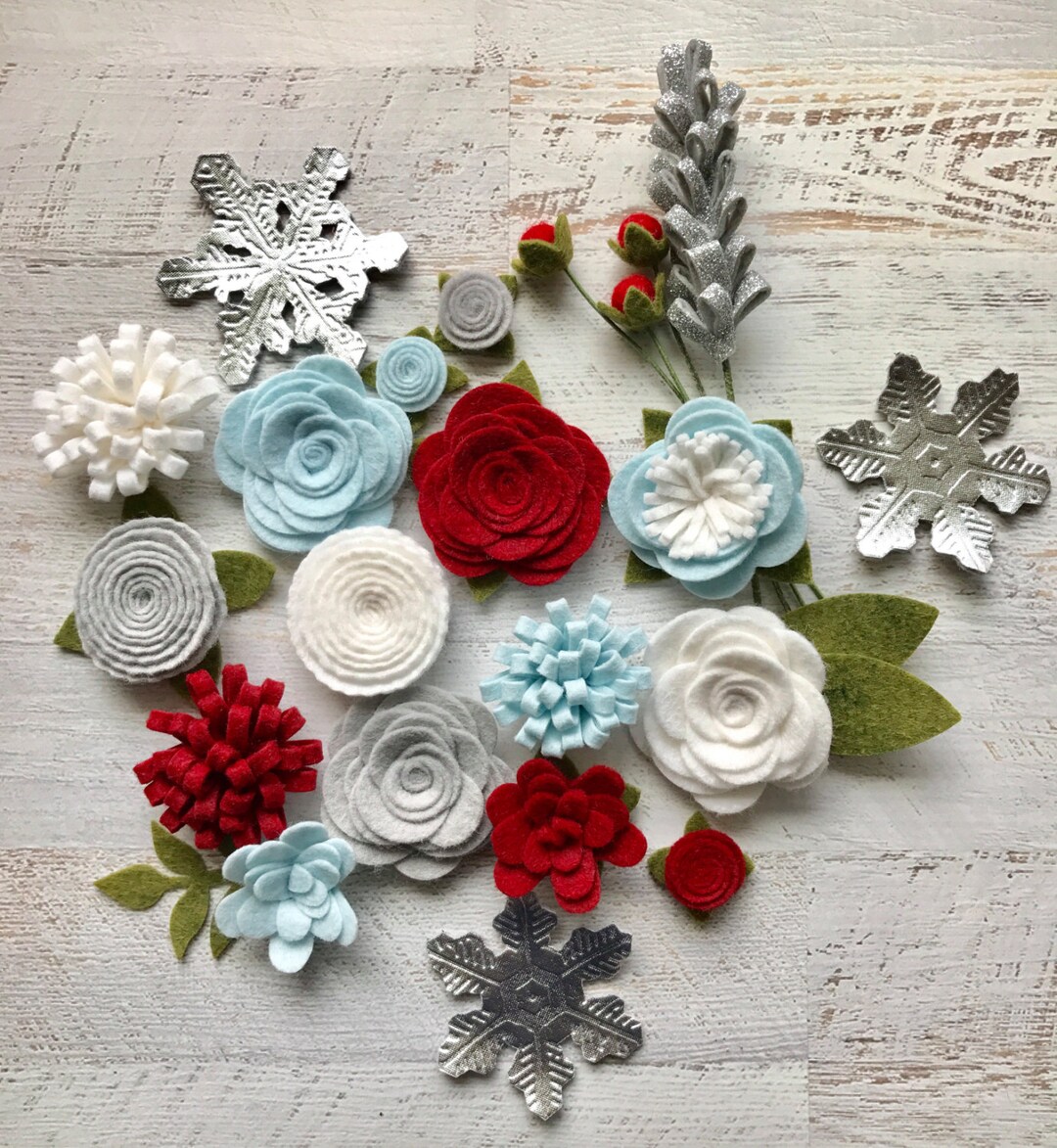 Wool Felt Flower Set: Metallic Silver Snowflakes, Winter DIY Craft ...