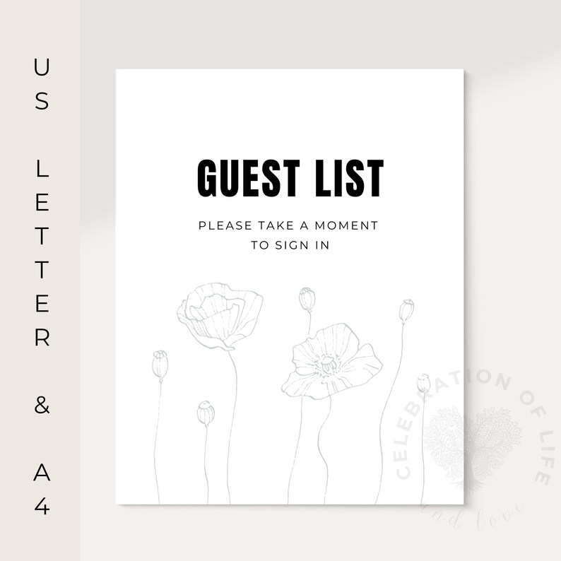 Funeral Guest List Sign in Sheet | Printable Sign in | Guest List Sign ...