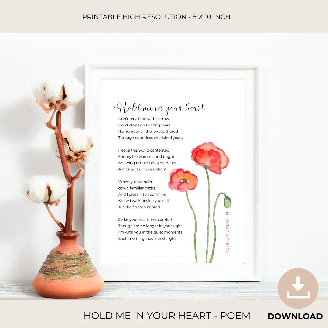 Hold Me in Your Heart Memorial Poem | Funeral Poem Pdf | in Loving ...