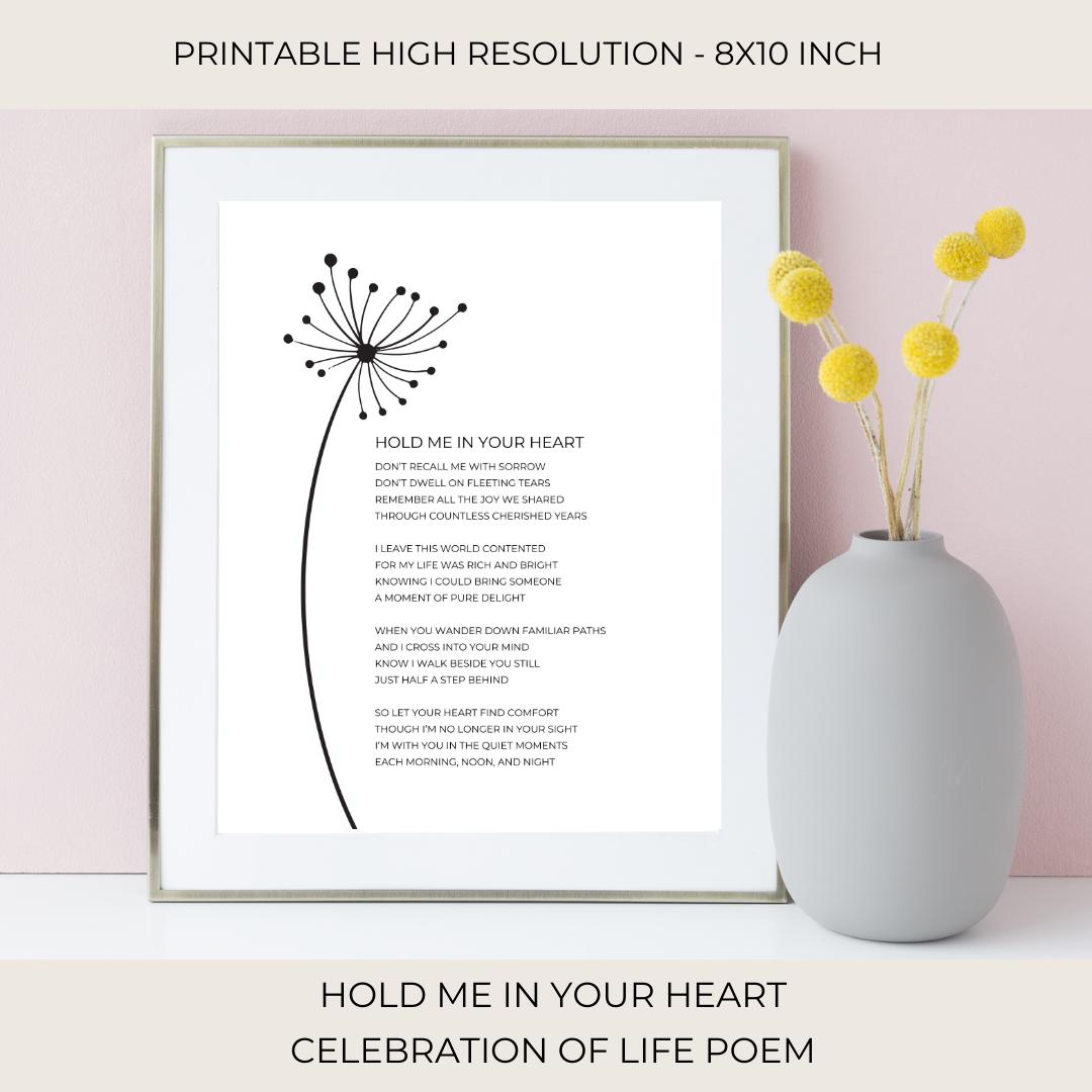 Hold Me in Your Heart Memorial Poem | Funeral Poem Pdf | in Loving ...