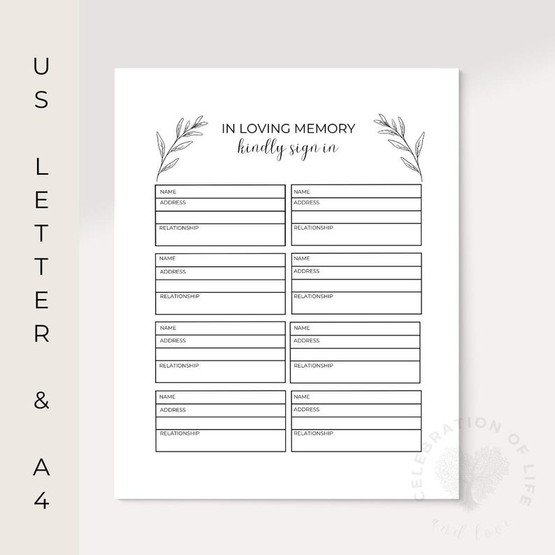 Funeral Guest Book Sign-in Sheet | Minimalist Memorial (printable PDF ...