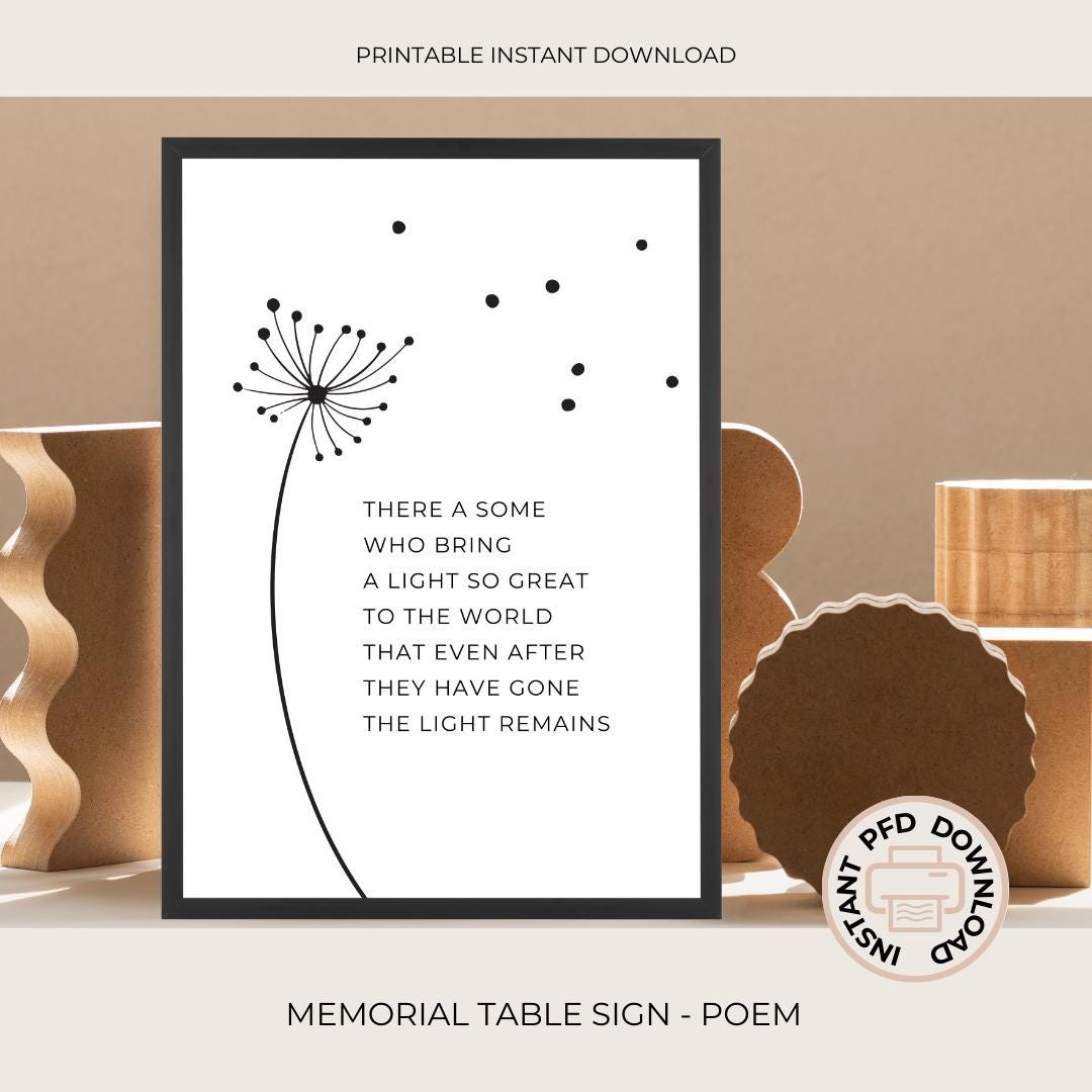 The Light Remains Printable Sign Wedding Remembrance in Loving Memory ...
