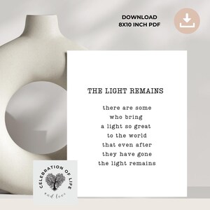 The Light Remains Printable | Celebration of Life Sign | Funeral ...