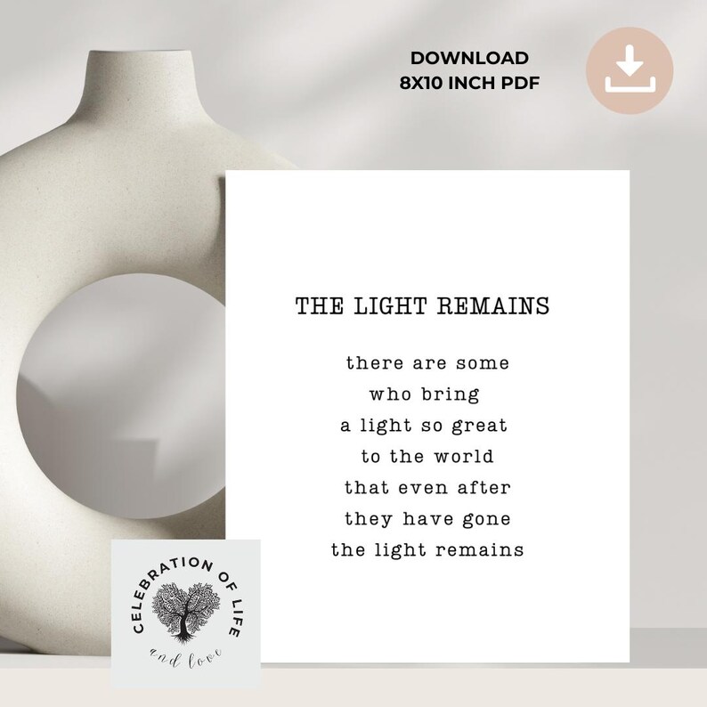 The Light Remains Printable | Celebration of Life Sign | Funeral ...