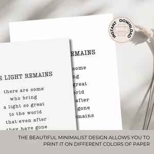 The Light Remains Printable | Celebration of Life Sign | Funeral ...