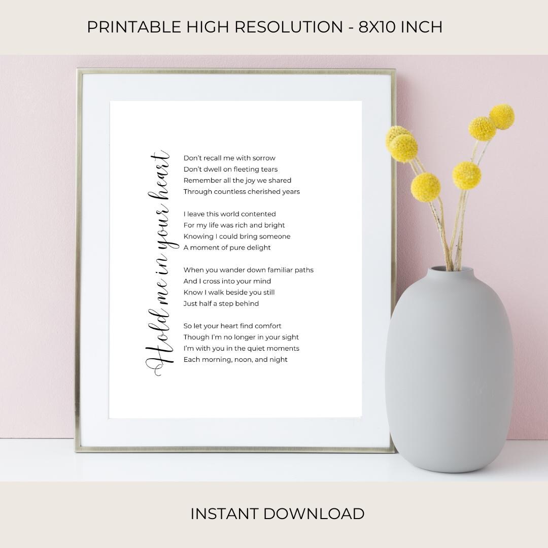Hold Me in Your Heart Memorial Poem | Funeral Poem Pdf | in Loving ...