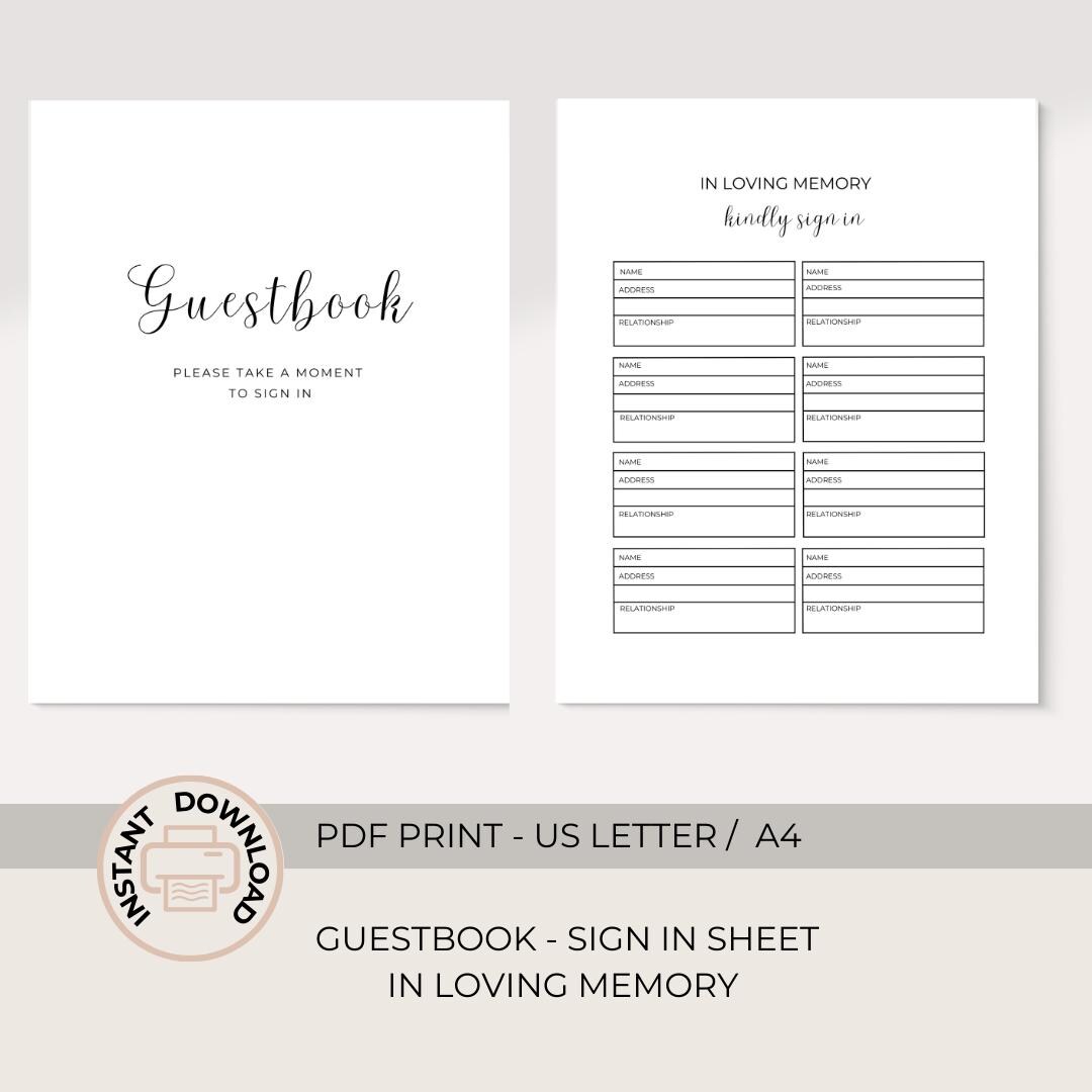 Funeral Guest Sign in Sheet | Printable Sign in | Memorial Guest Book ...