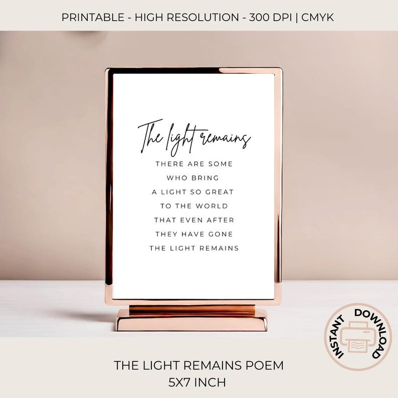 The Light Remains Table Sign 5x7 Inch | Celebration of Life Poem | in ...