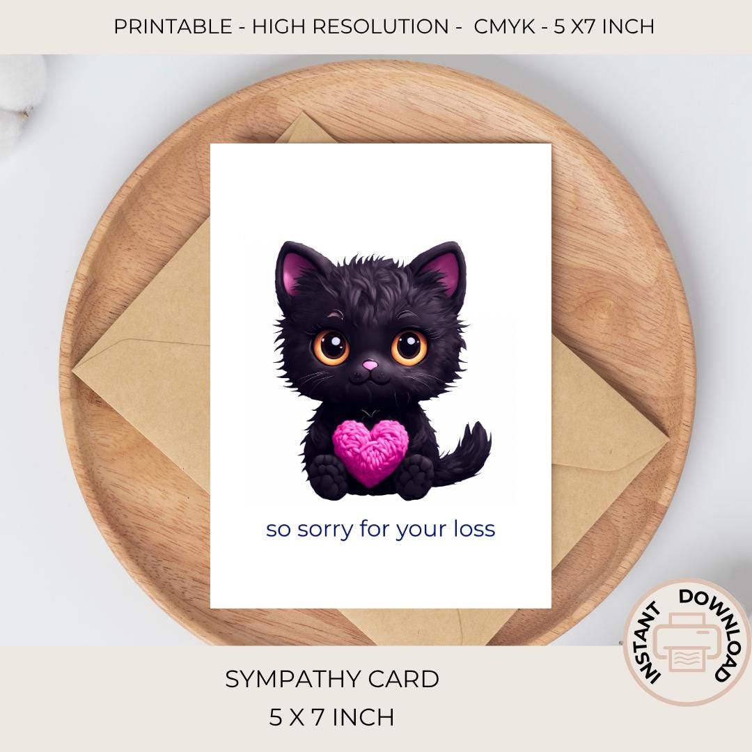 Printable Cat Sympathy Card – Black Kitten With Heart | Pet Loss ...