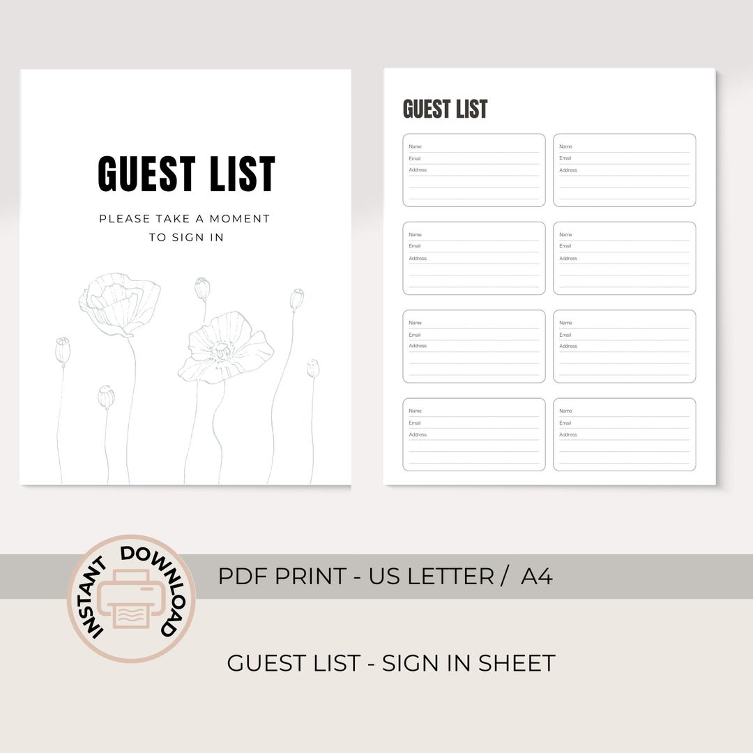 Funeral Guest List Sign in Sheet | Printable Sign in | Guest List Sign ...