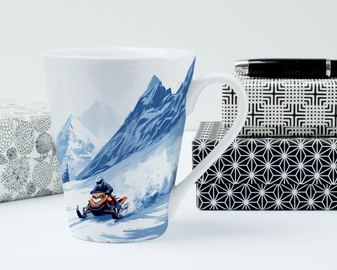 Snowmobile Latte Mug: Winter Mountain Adventure Coffee Cup - Etsy