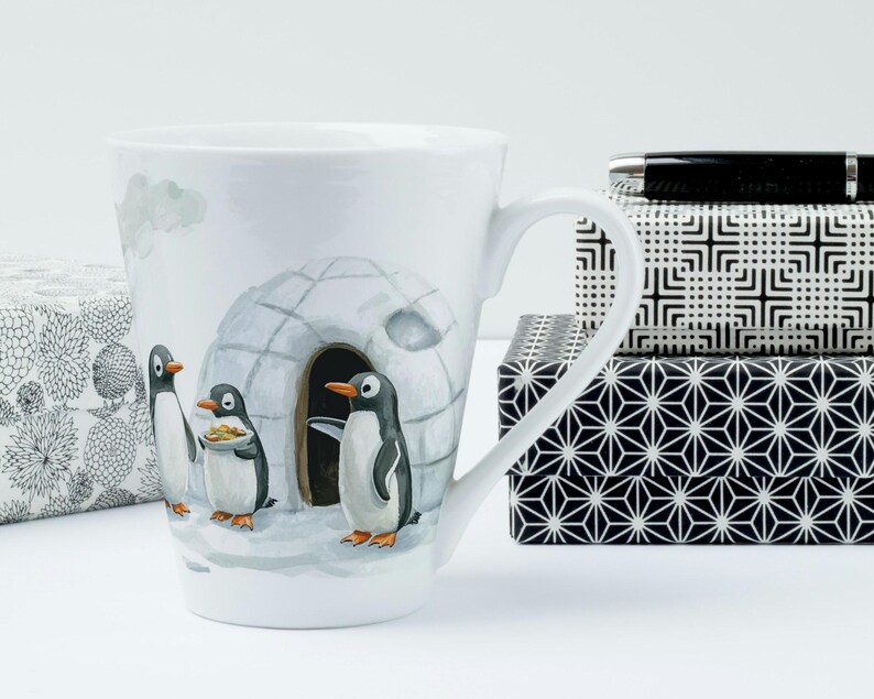 Penguin Igloo Design Latte Mug, Coffee Cup, Hot Beverage Mug, Winter ...