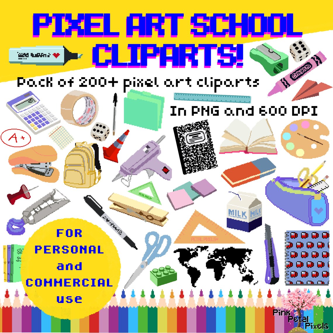 200 School-themed Pixel Art Pack / 200 School Cliparts in Pixel Art ...